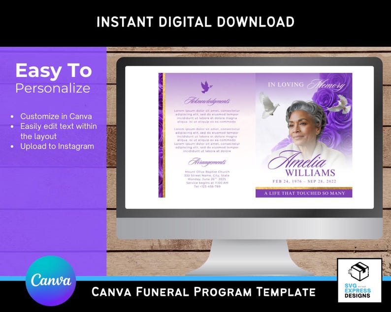 Elegant Funeral Program Template – Purple Flowers, Bi-fold (canva Pro ...