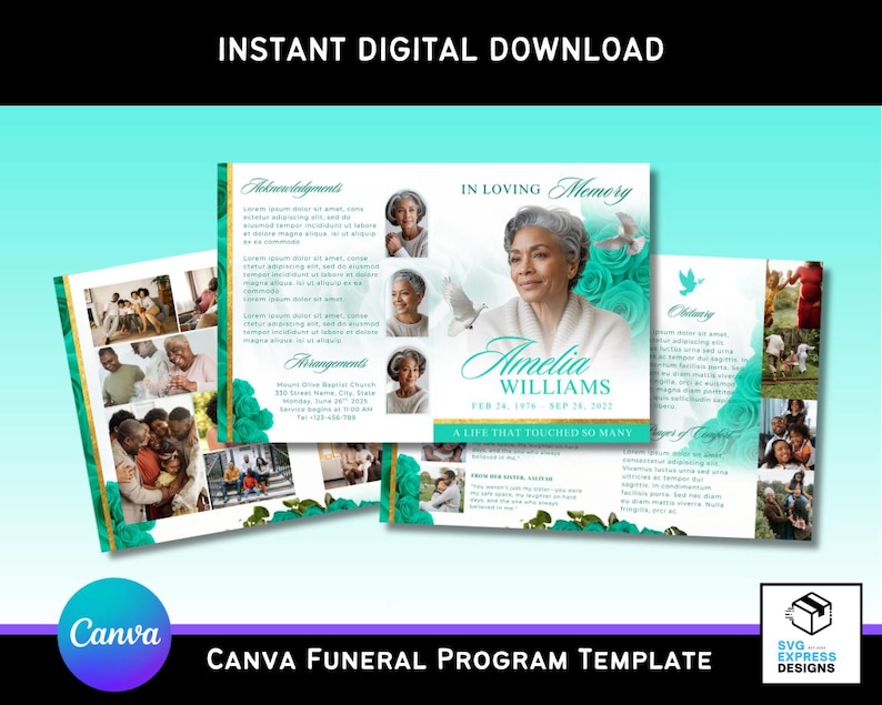 Elegant Turquoise & White Floral Funeral Program Template: Bi-fold ...