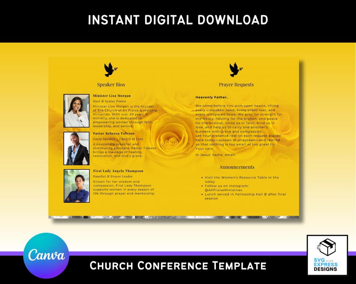 Yellow Rose Church Conference Program Template: Editable Canva Bi-fold ...