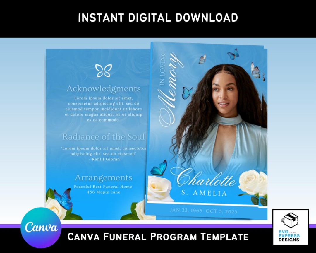 Powder Blue Canva Funeral Program Template – Elegant Bi-fold Brochure ...