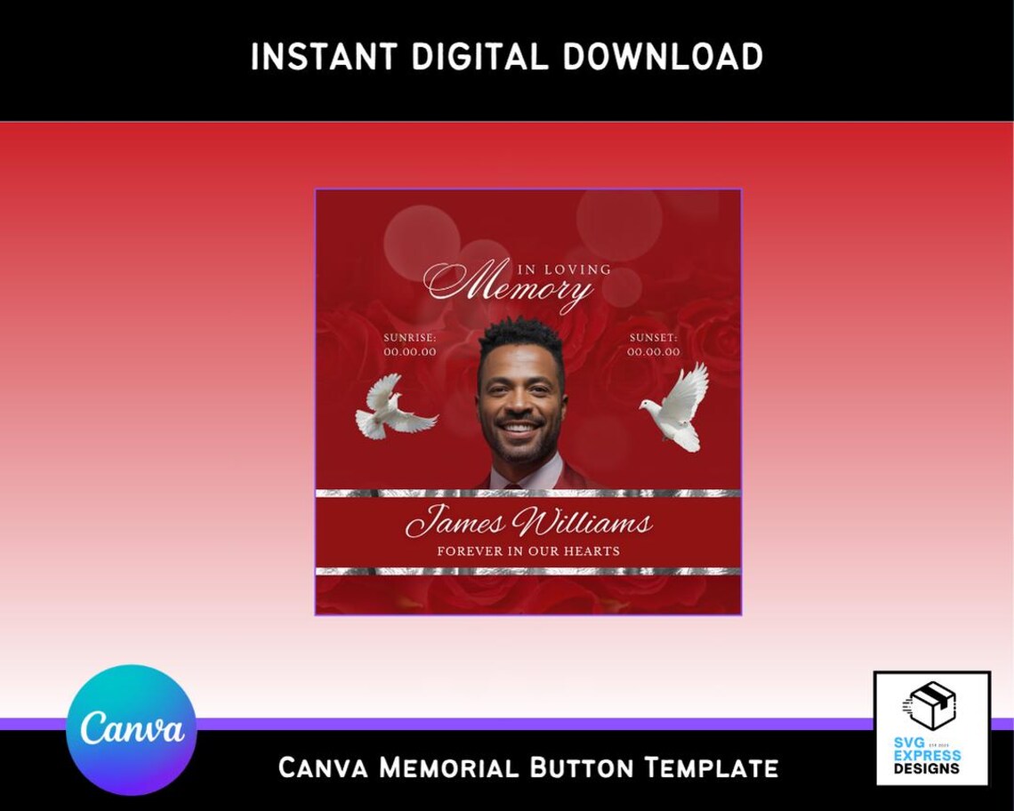 Editable Red Memorial Button Template | Canva RIP Keepsake | 3x3 ...