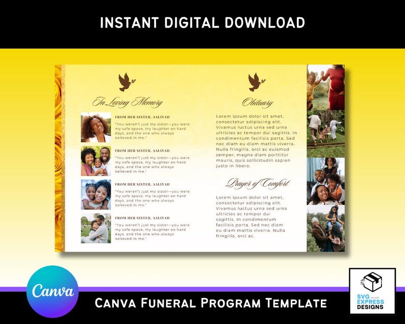 Elegant Funeral Program Template: Yellow & White Flowers, Bi-fold ...