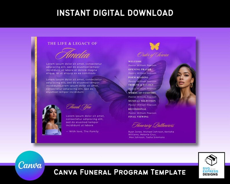 Elegant Floral Funeral Program Template – Dark Purple Butterfly (canva ...