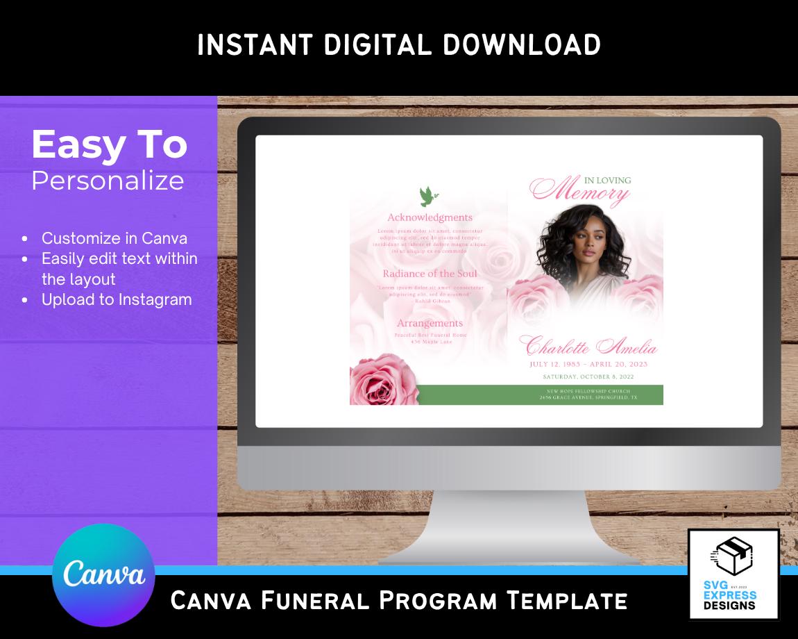 Pink Roses Funeral Program Template: Elegant Bi-fold Brochure (canva ...