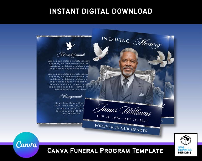 Blue Sky & Clouds Canva Funeral Program Template – Elegant Bi-fold ...