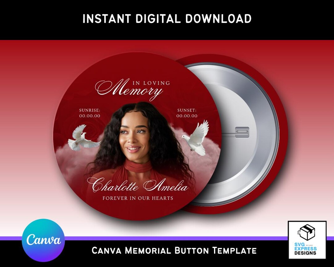 Editable Deep Maroon Memorial Button Template | Canva RIP Keepsake ...