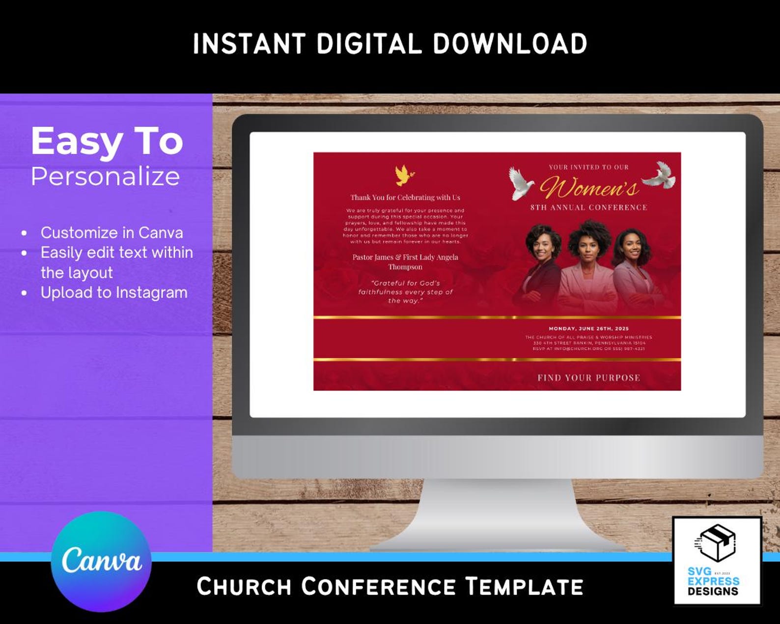 Red Rose Church Conference Program Template: Editable Canva Bi-fold ...