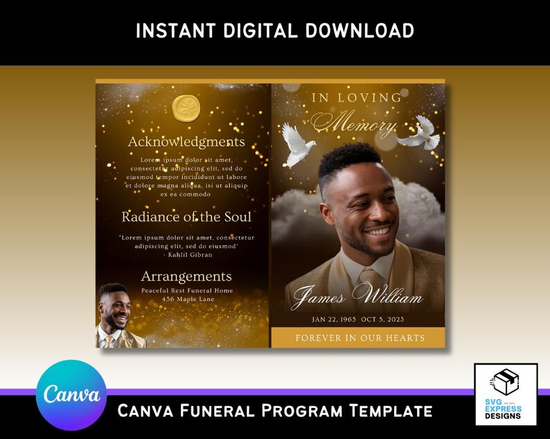 Dark Gold Canva Funeral Program Template – Elegant Bi-fold Brochure ...