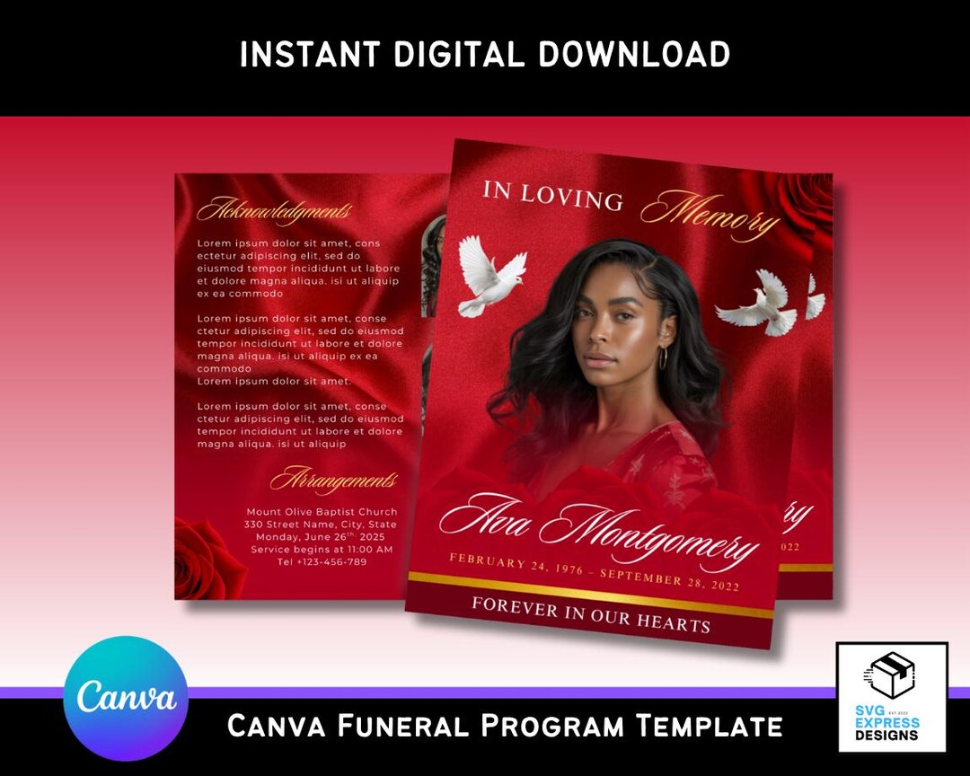 Red Velvet Floral Funeral Program Template: Bi-fold Memorial Brochure ...