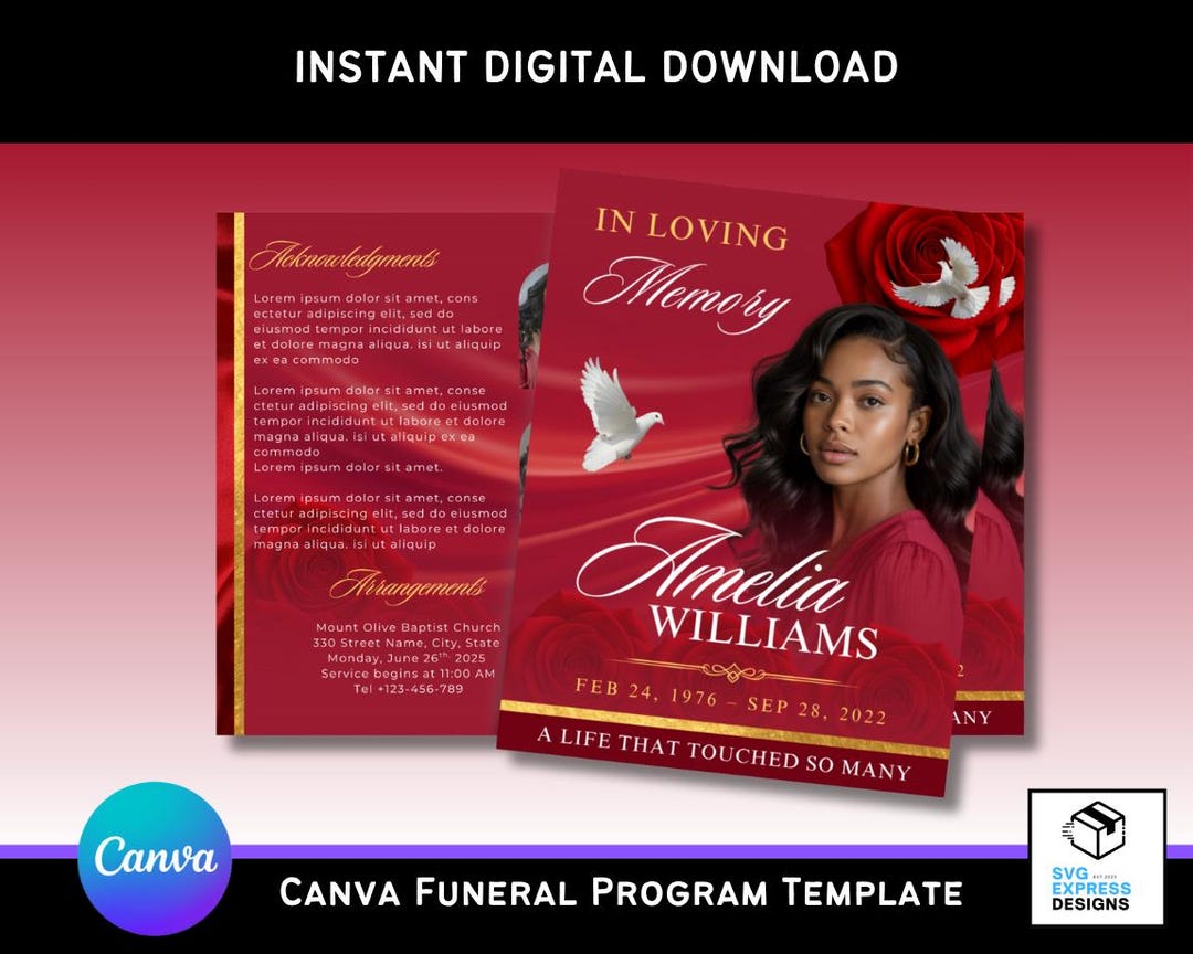Royal Red Floral Funeral Program Template: Bi-fold Memorial Brochure ...