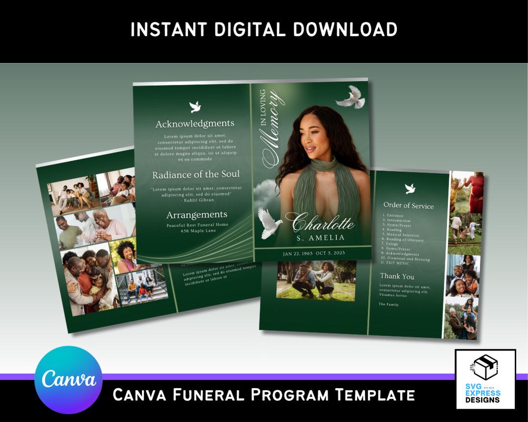 Dark Green and Silver Canva Funeral Program Template – Elegant Bi-fold ...