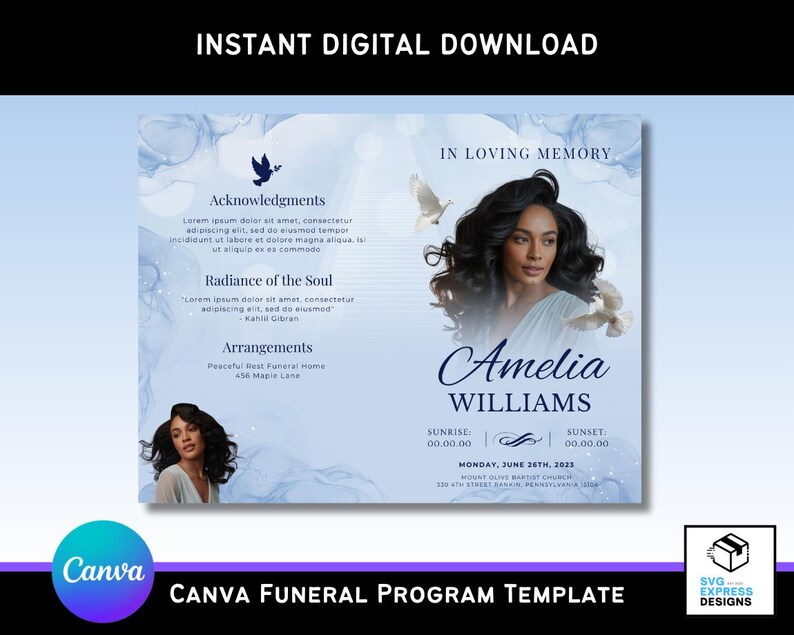 Light Blue Cloud Funeral Program Template: Bi-fold Brochure (canva ...