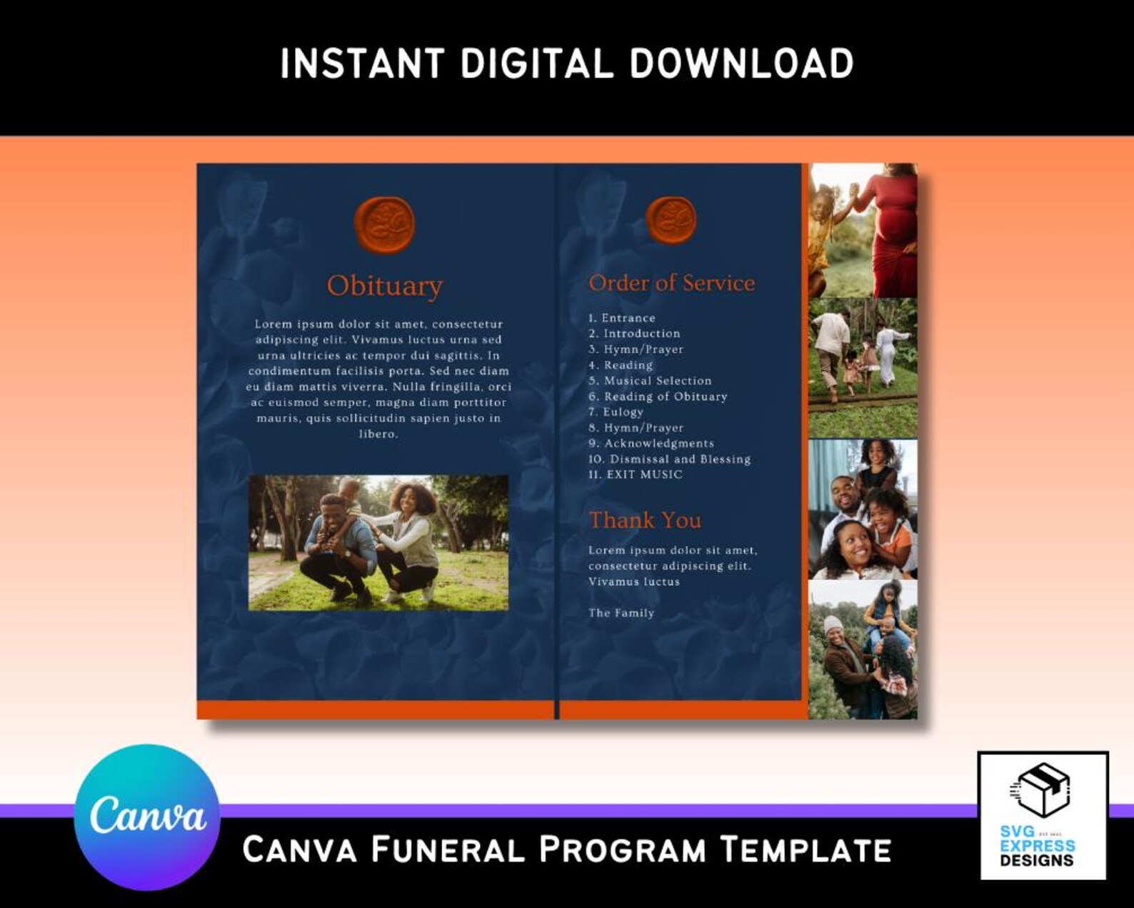 Navy & Burnt Orange Funeral Program Template: Bi-fold Brochure (canva ...