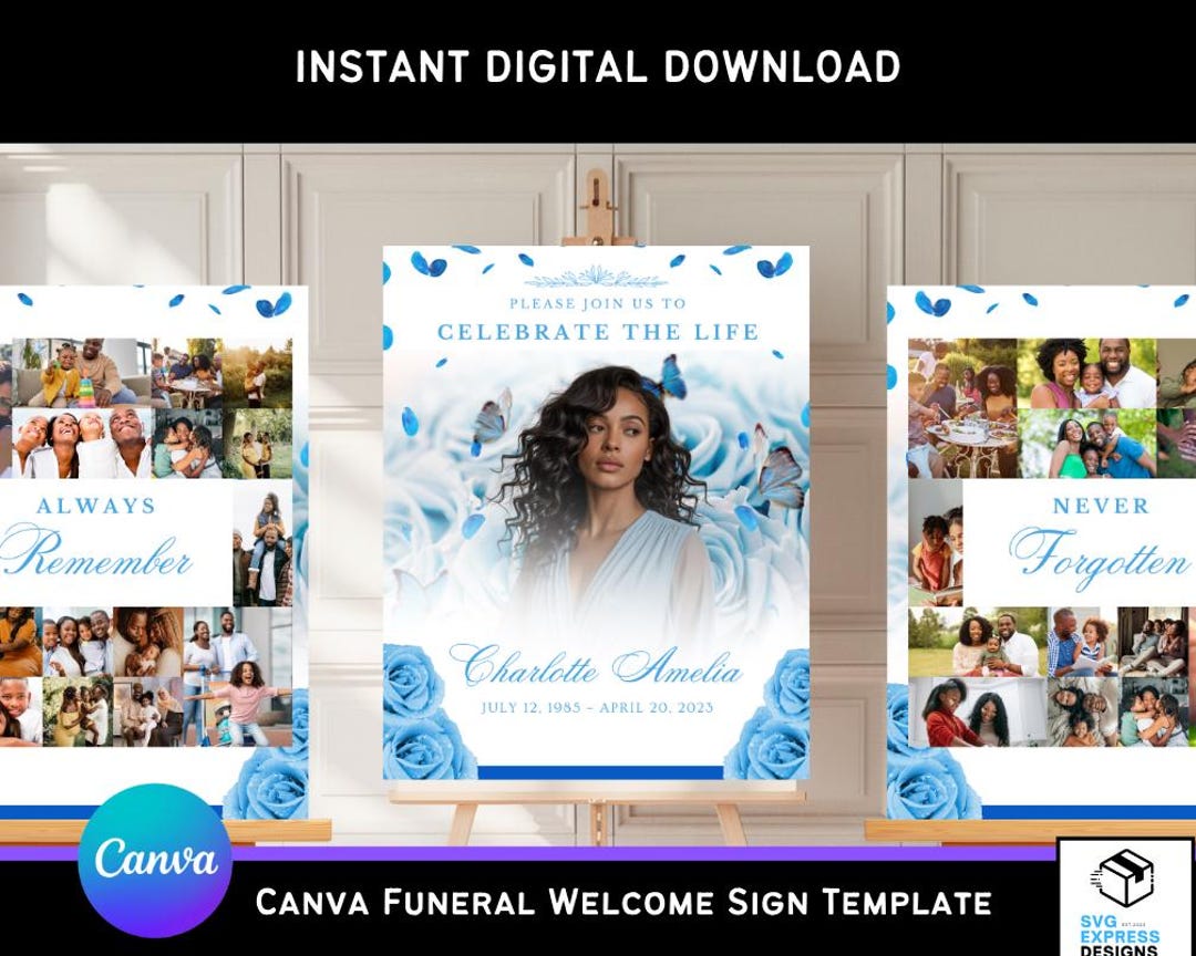 Light Blue Funeral Welcome Sign Template for Canva – Elegant Memorial ...