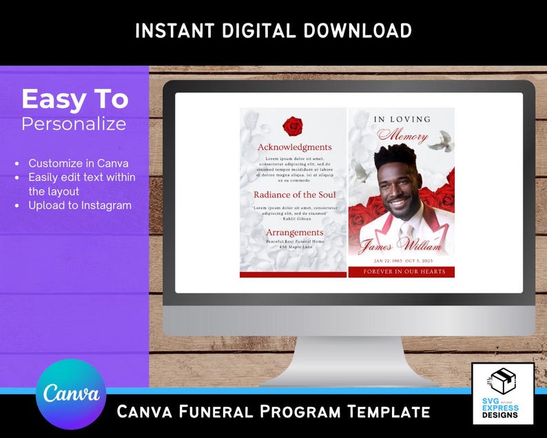 White and Red Canva Funeral Program Template – Elegant Bi-fold Brochure ...