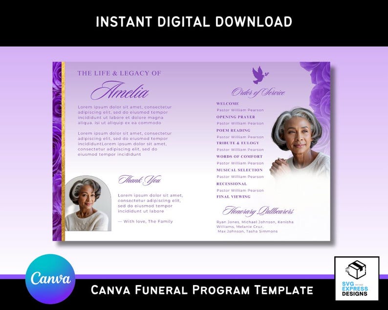 Elegant Funeral Program Template – Purple Flowers, Bi-fold (canva Pro ...