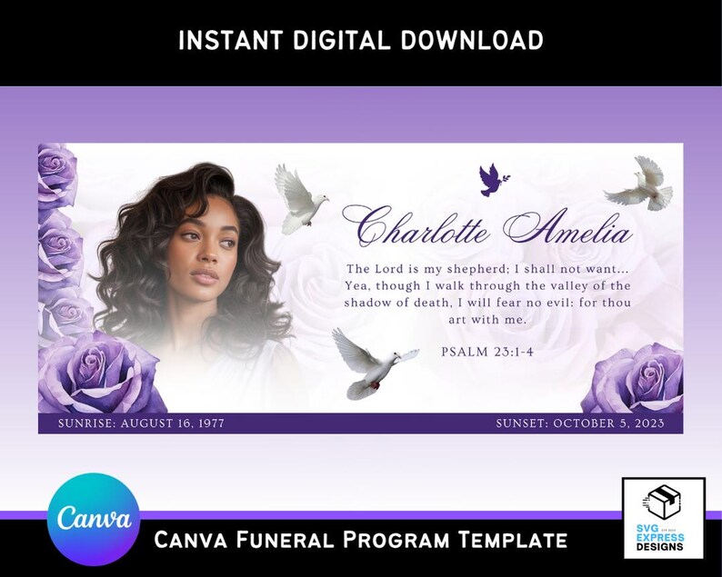 Purple Roses Funeral Casket Panel Template | Editable Memorial Insert ...