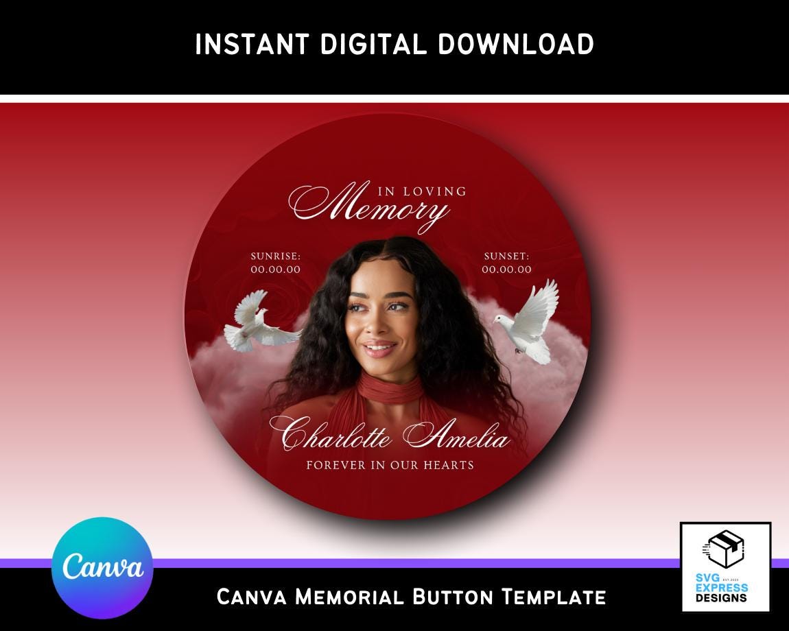 Editable Deep Maroon Memorial Button Template | Canva RIP Keepsake ...