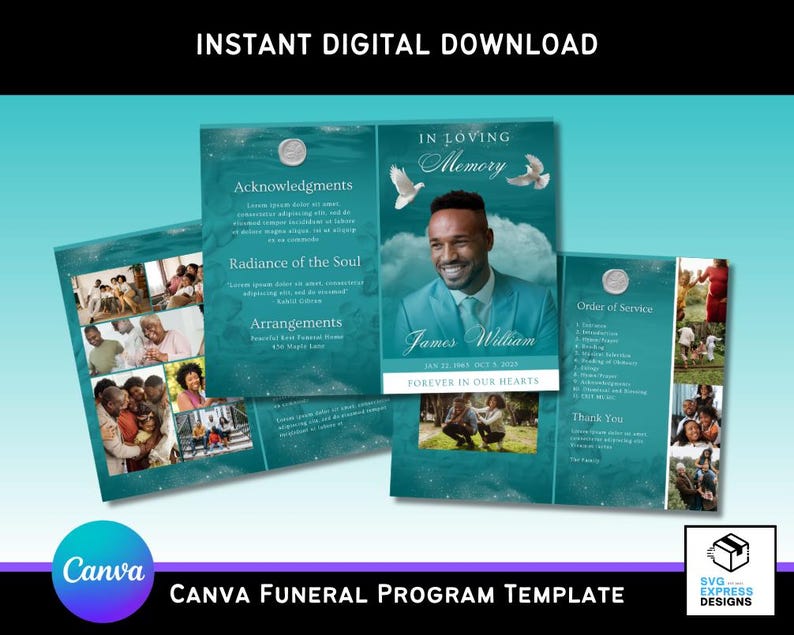 Turquoise Canva Funeral Program Template – Elegant Bi-fold Brochure ...