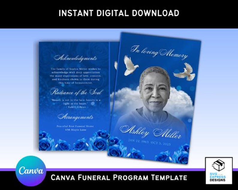 Blue Cloud Funeral Program Template - Blue Roses Bi-fold Brochure 11x8 ...