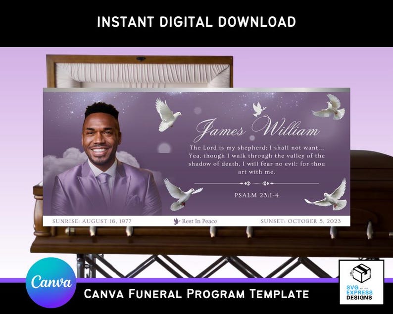 Purple and Silver Funeral Casket Panel Canva Template | 31x14 in ...