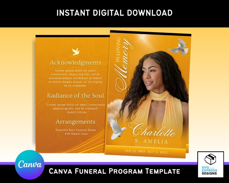 Bright Yellow-orange Canva Funeral Program Template – Elegant Bi-fold ...