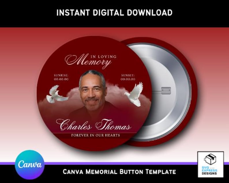 Editable Maroon Memorial Button Template | Canva RIP Keepsake | 3x3 ...