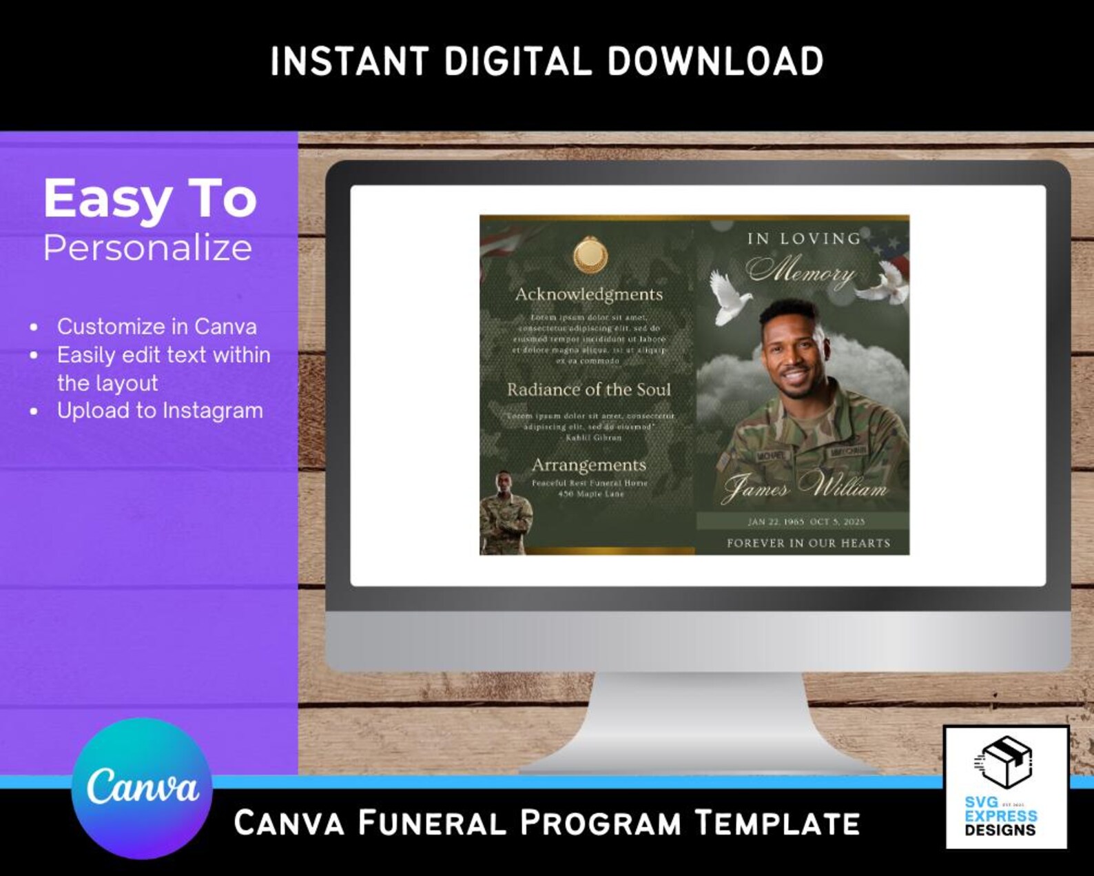 Green Camouflage Army Canva Funeral Program Template – Elegant Bi-fold ...