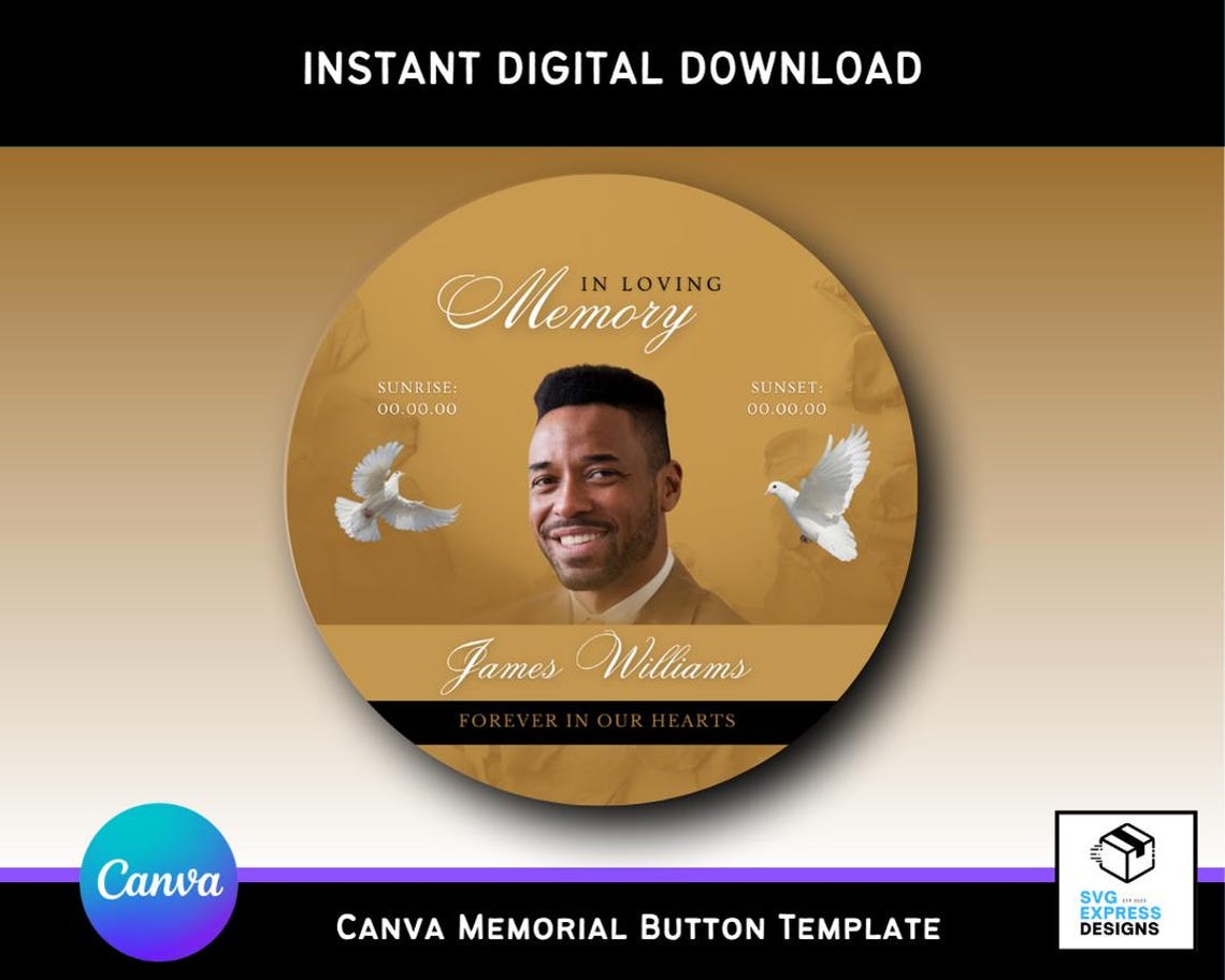 Editable Gold and Black Memorial Button Template | Canva RIP Keepsake ...