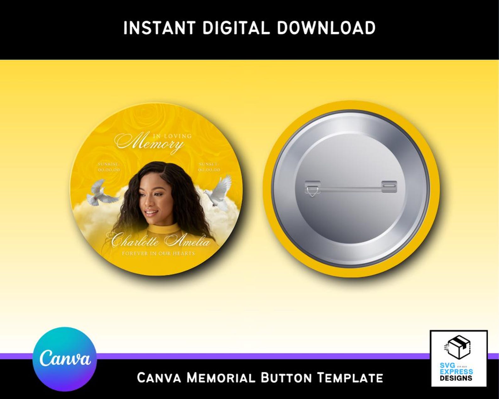 Editable Bright Yellow Memorial Button Template | Canva RIP Keepsake ...