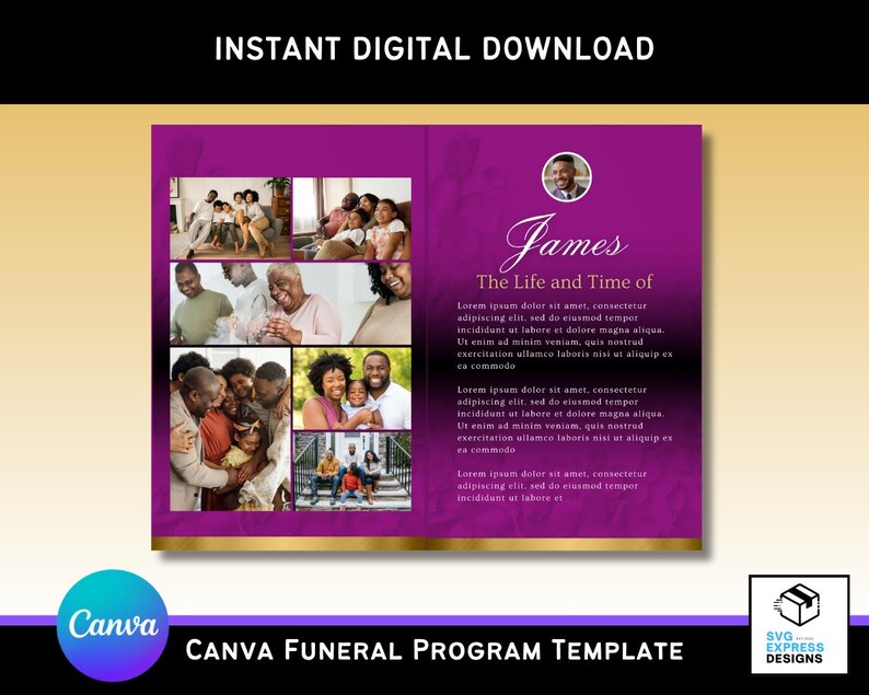 Violet Purple and Gold Canva Funeral Program Template – Elegant Bi-fold ...