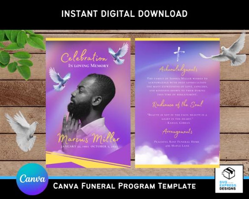Editable Canva Funeral Program Template - Classic Purple & Gold Clouds ...