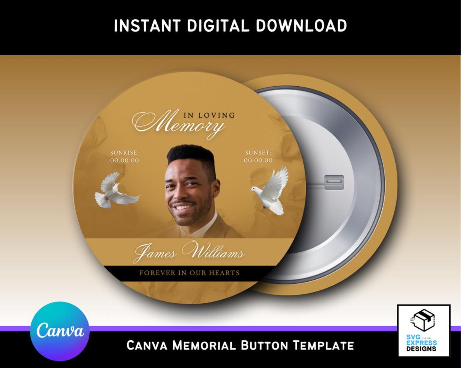 Editable Gold and Black Memorial Button Template | Canva RIP Keepsake ...