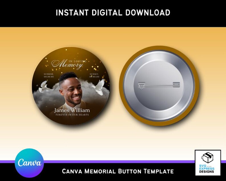 Editable Dark Gold Memorial Button Template | Canva RIP Keepsake | 3x3 ...
