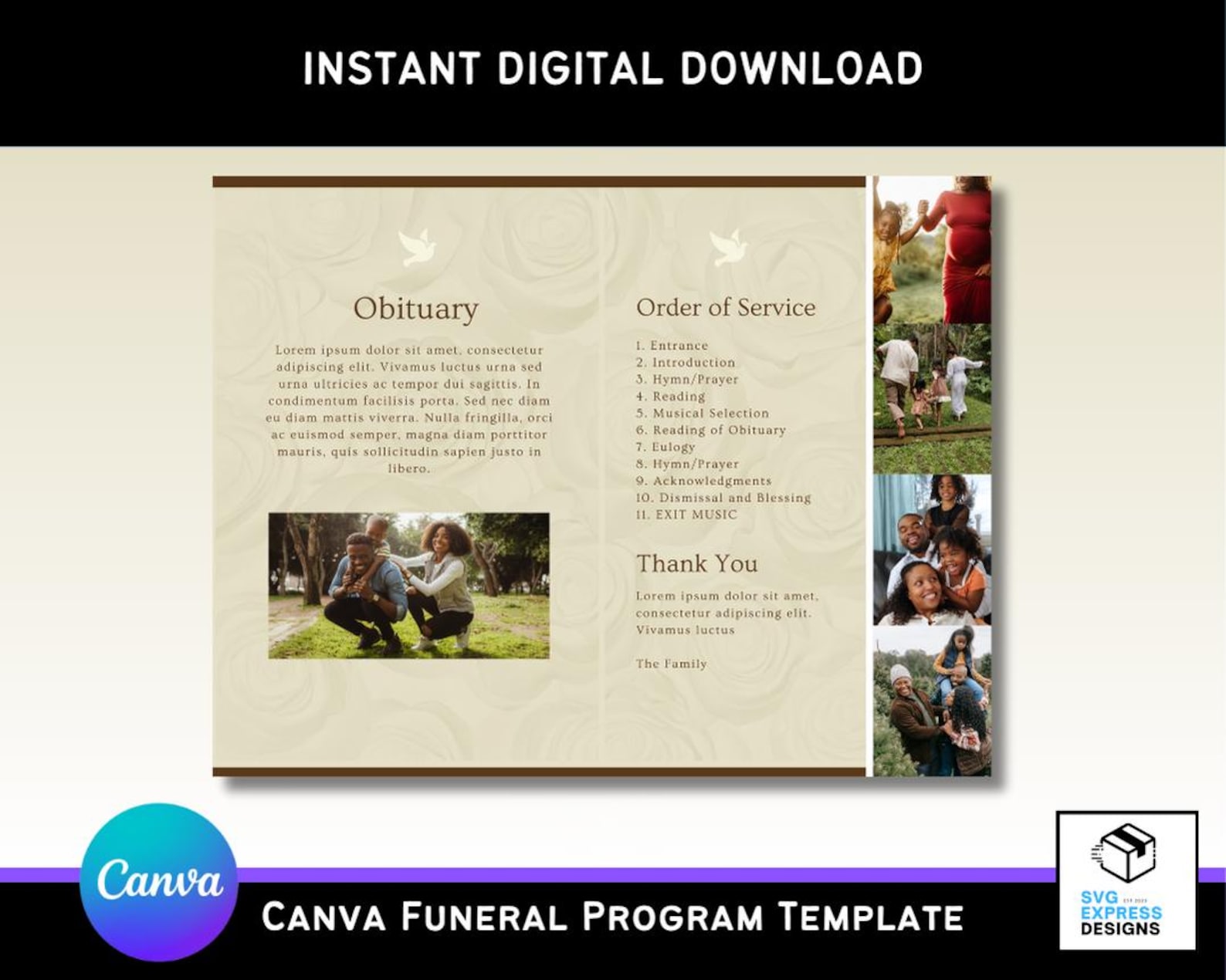 Beige Canva Funeral Program Template – Elegant Bi-fold Brochure (11x8.5 ...