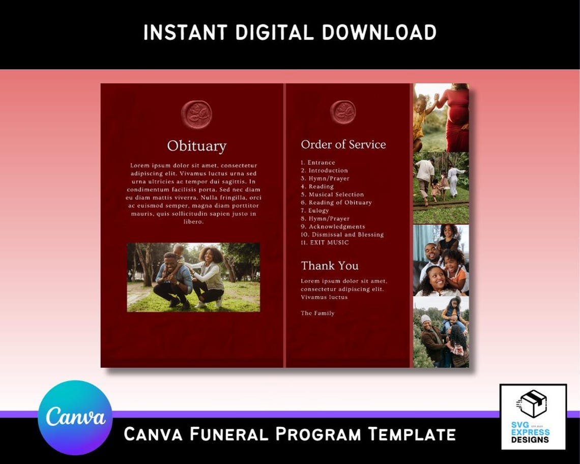 Maroon Canva Funeral Program Template – Elegant Bi-fold Brochure (11x8 ...