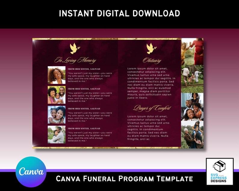 Elegant Funeral Program Template: Burgundy Sky, Doves (17x11 In, Canva ...