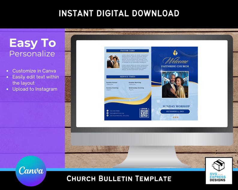 Editable Church Bulletin Template: Modern Blue & Gold Bifold Program ...