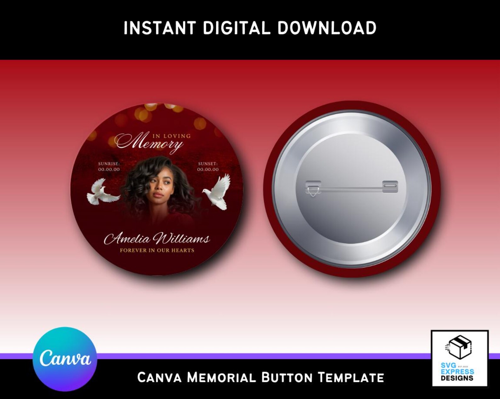 Editable Crimson Red Memorial Button Template | Canva RIP Keepsake ...