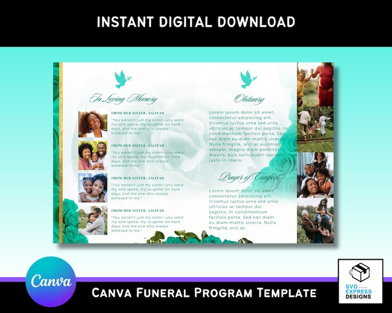 Elegant Turquoise & White Floral Funeral Program Template: Bi-fold ...