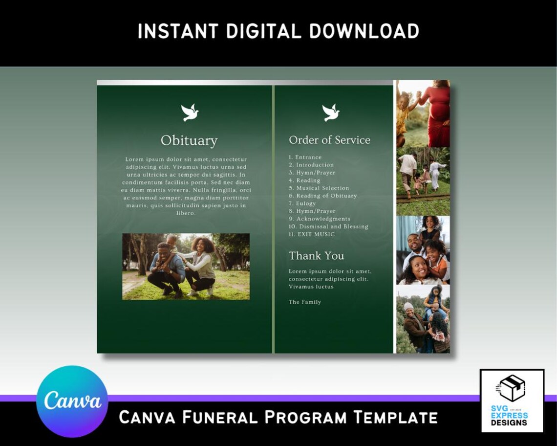 Dark Green and Silver Canva Funeral Program Template – Elegant Bi-fold ...