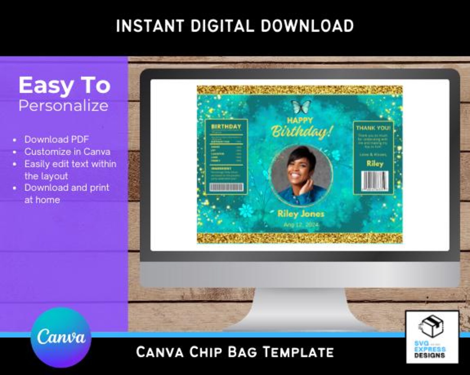 Teal Green Butterfly Chip Bag Template, Party Decorations - Easy ...