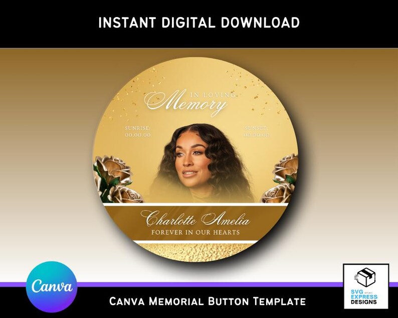 Editable Gold Memorial Button Template | Canva RIP Keepsake | 3x3 ...
