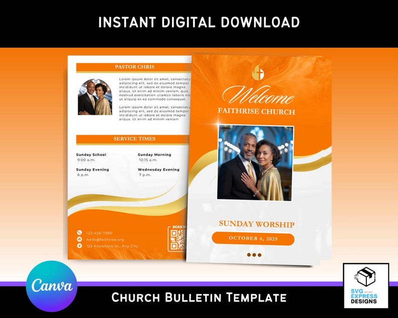 Editable Church Bulletin Template: Modern Orange Bifold Program (canva ...