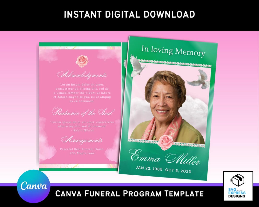 Pink and Green Funeral Program Template With Classic White Pearls ...