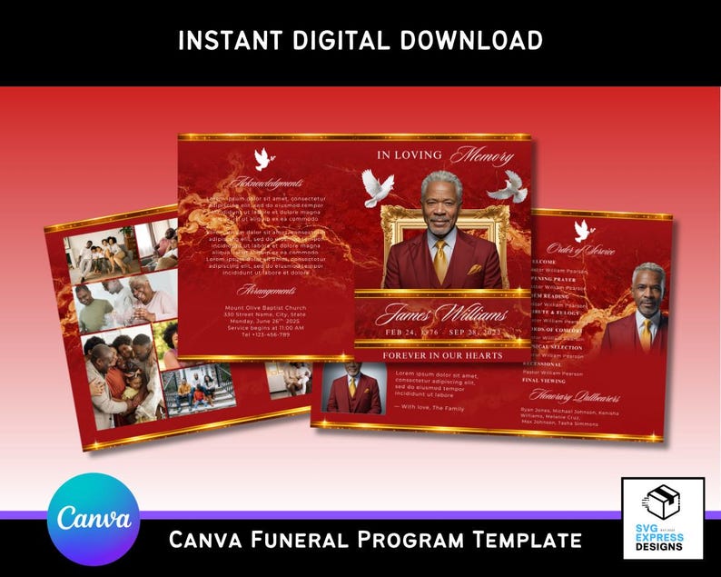 Red Marble & Gold Canva Funeral Program Template – Elegant Bi-fold ...
