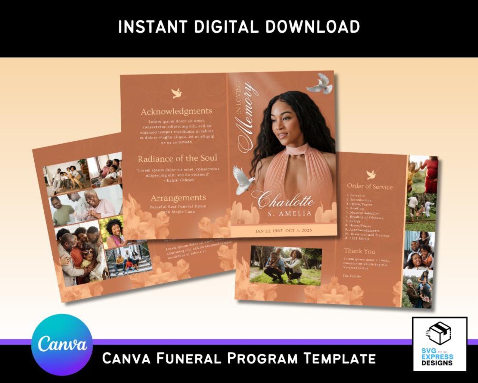 Peach Canva Funeral Program Template – Elegant Bi-fold Brochure (11x8.5 ...