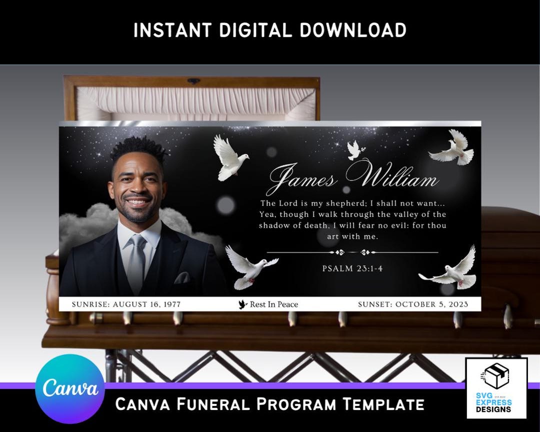 Black and Silver Funeral Casket Panel Canva Template | 31x14 in ...