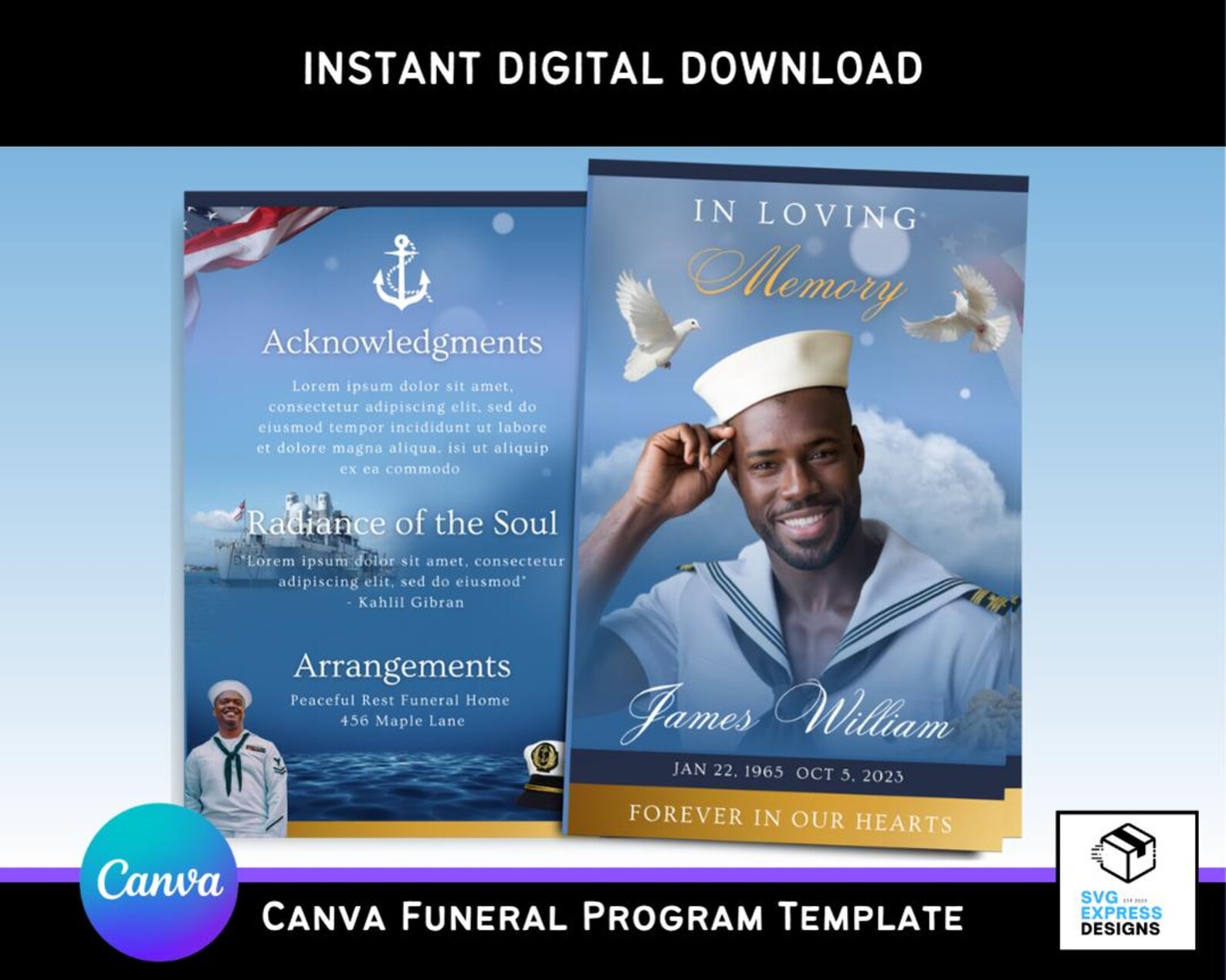 Sailor's Farewell Funeral Program Template: Navy Bi-fold (canva, 11x8.5 ...