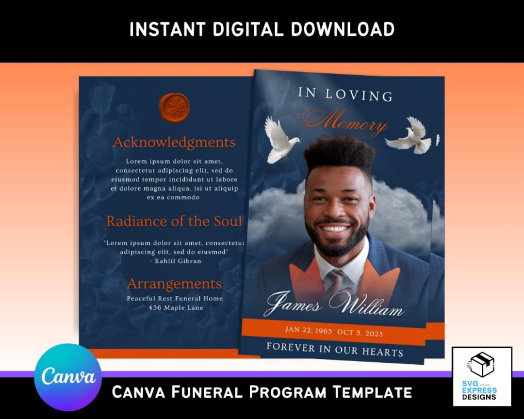 Navy & Burnt Orange Funeral Program Template: Bi-fold Brochure (canva ...